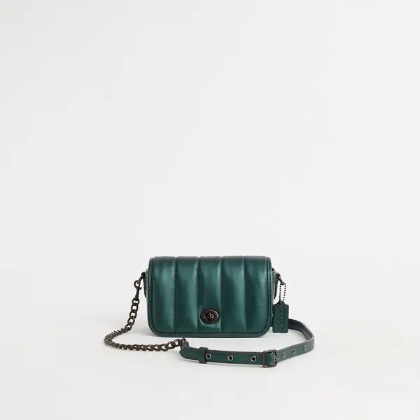 COACH ダークグリーン ボディバッグ Coach Restored Dinky 18 With Quilting - Pewter/Metallic Dark Green